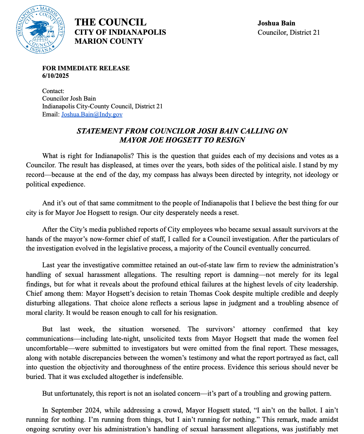 Cook, Hogsett Investigation Upsets Josh Bain